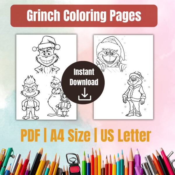 Grinch Coloring Page PDF Printable A4 | 20 Printable Sheets